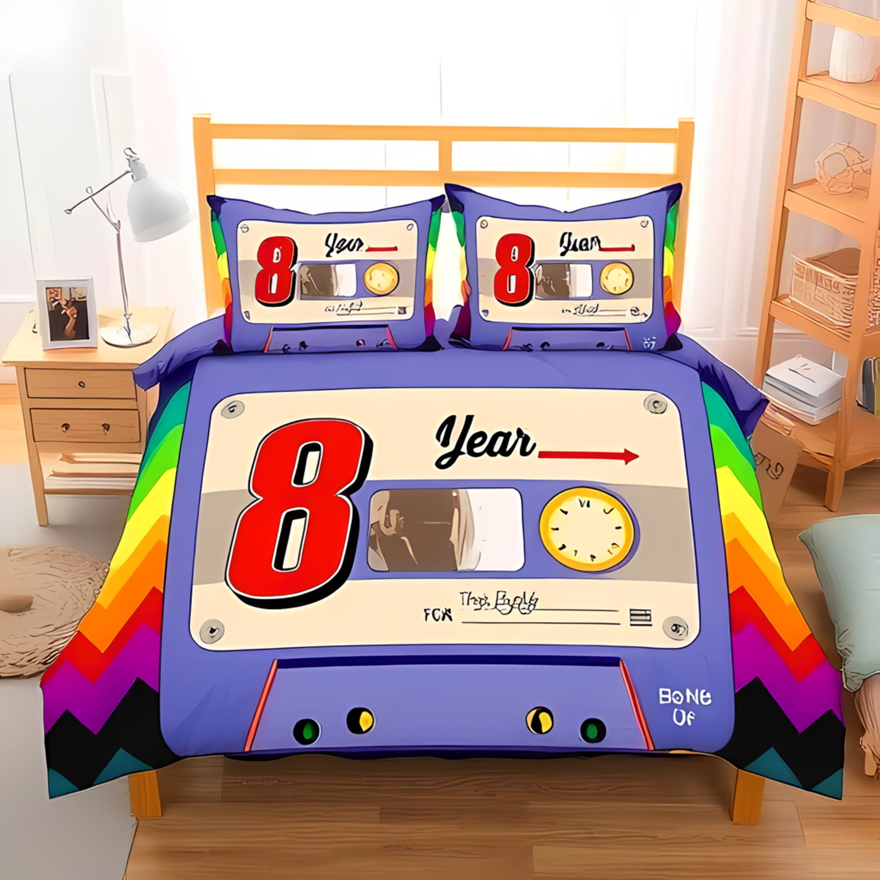 3-Piece Vintage Cassette Tape Duvet Cover Set with Colorful Rainbow ...