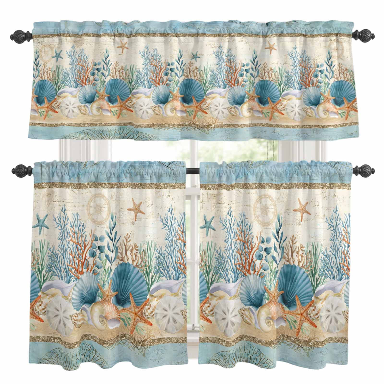 3 Piece Vintage Coastal Kitchen Curtain Valance and Tiers Set Summer ...