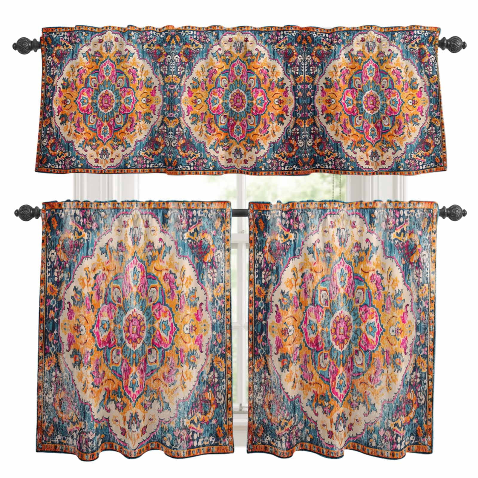 3 Piece Vintage Ethnic Style Abstract Medieval Kitchen Curtain Valance ...