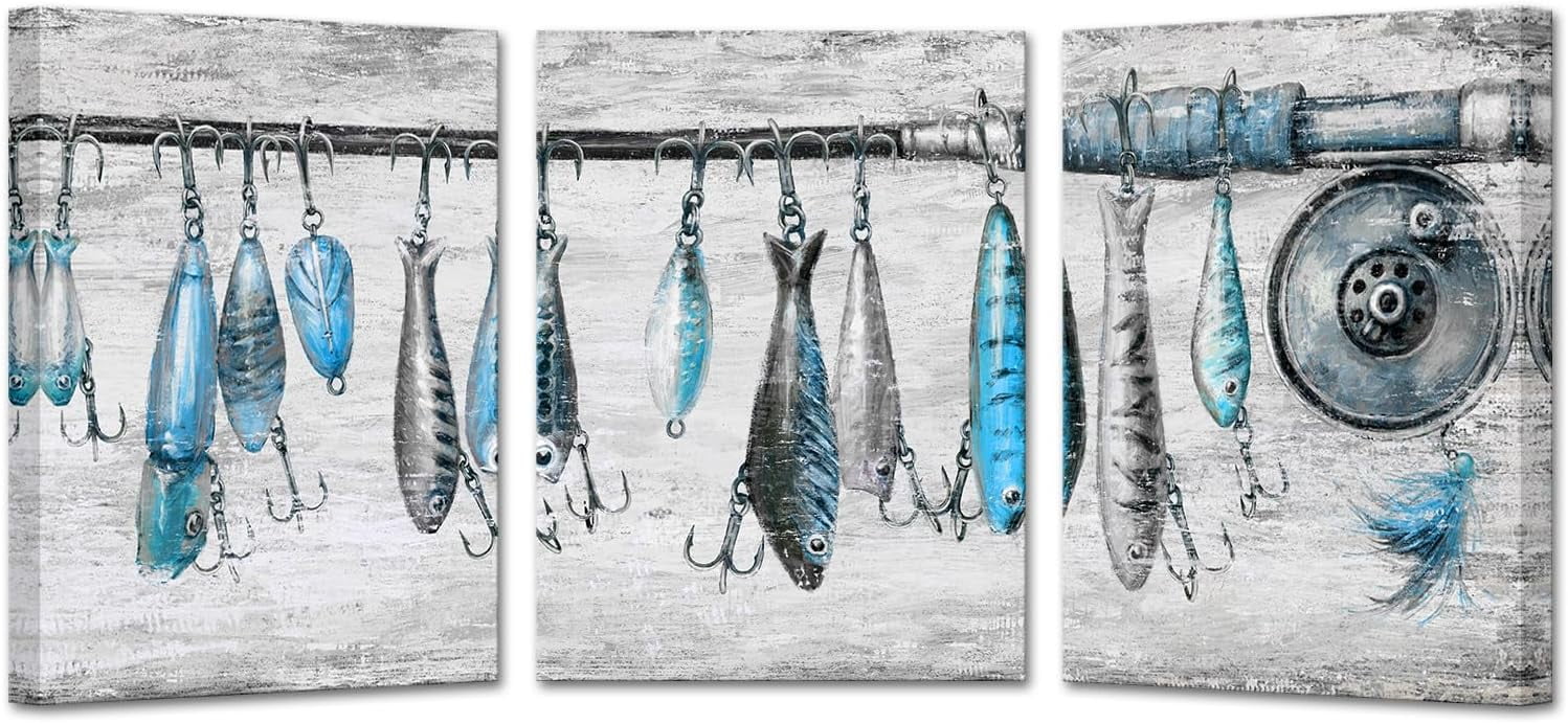 3-Piece Vintage Fishing Rod Canvas Wall Art Set, Blue and Grey Nautical ...