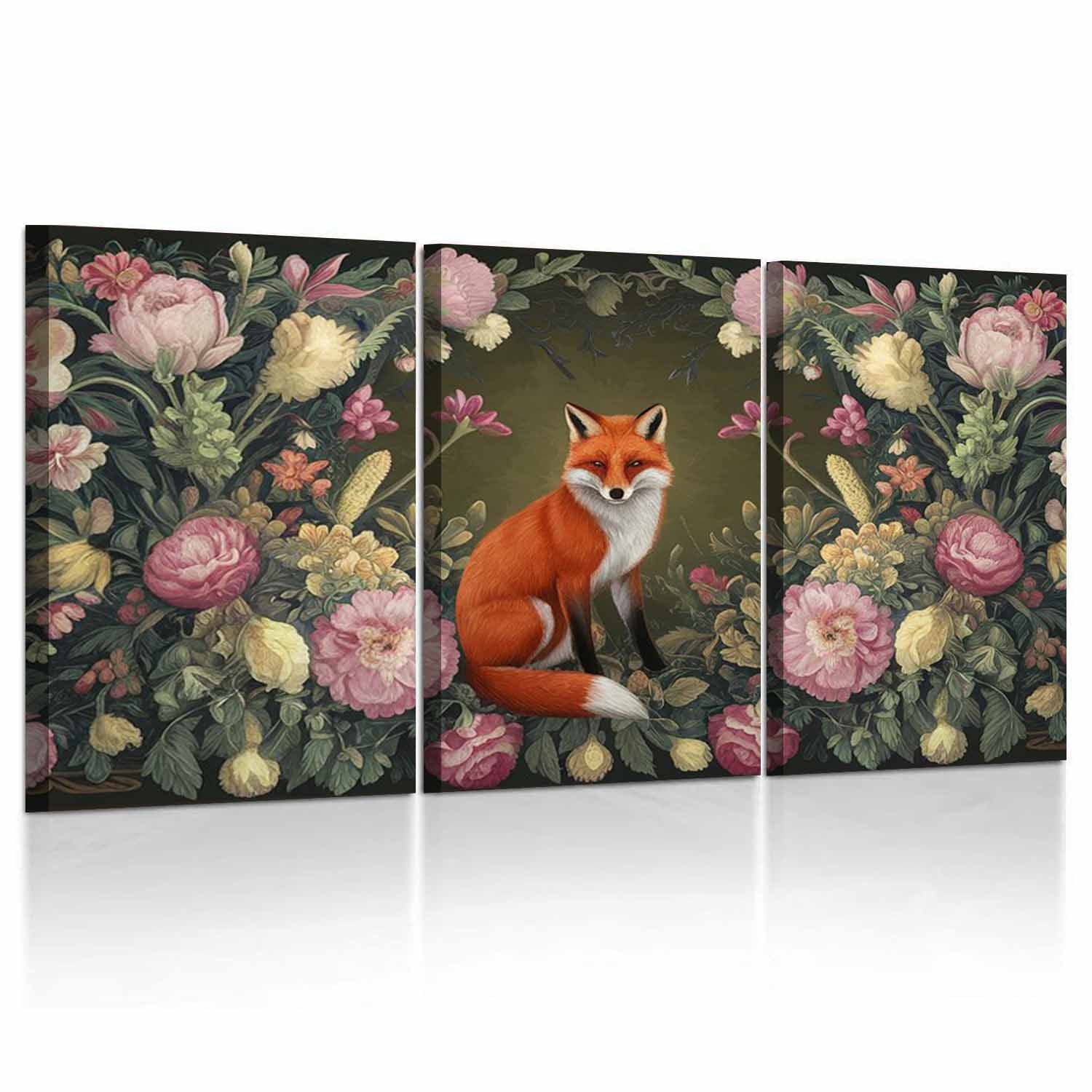 3 Piece Vintage Fox Canvas Wall Art Print, Abstract Floral Home Decor ...