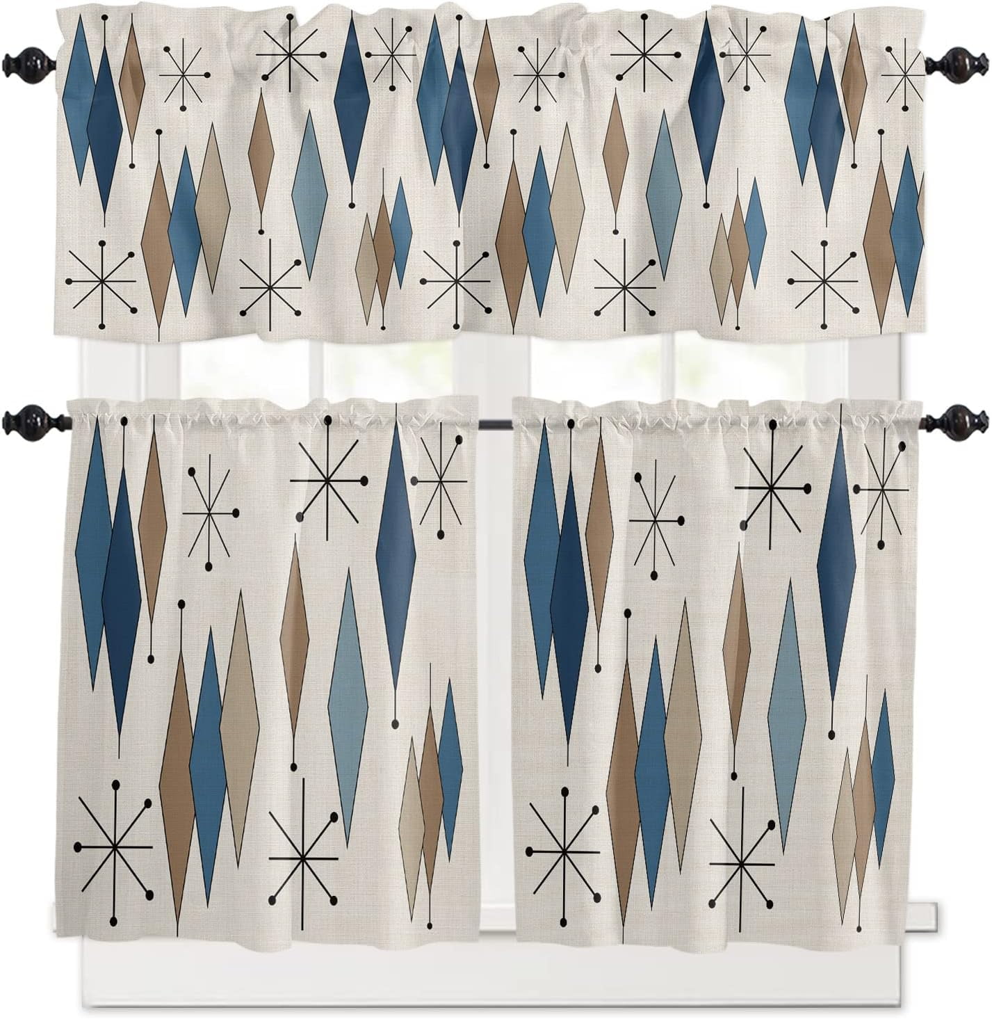3 Piece Vintage Geometric Mid Century Kitchen Curtains, Tier and ...
