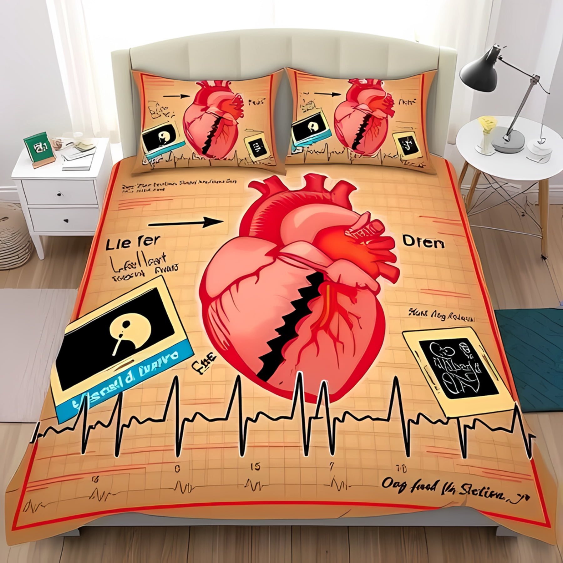 3-Piece Vintage Illustration Duvet Cover Set - Human Heart Design with ...