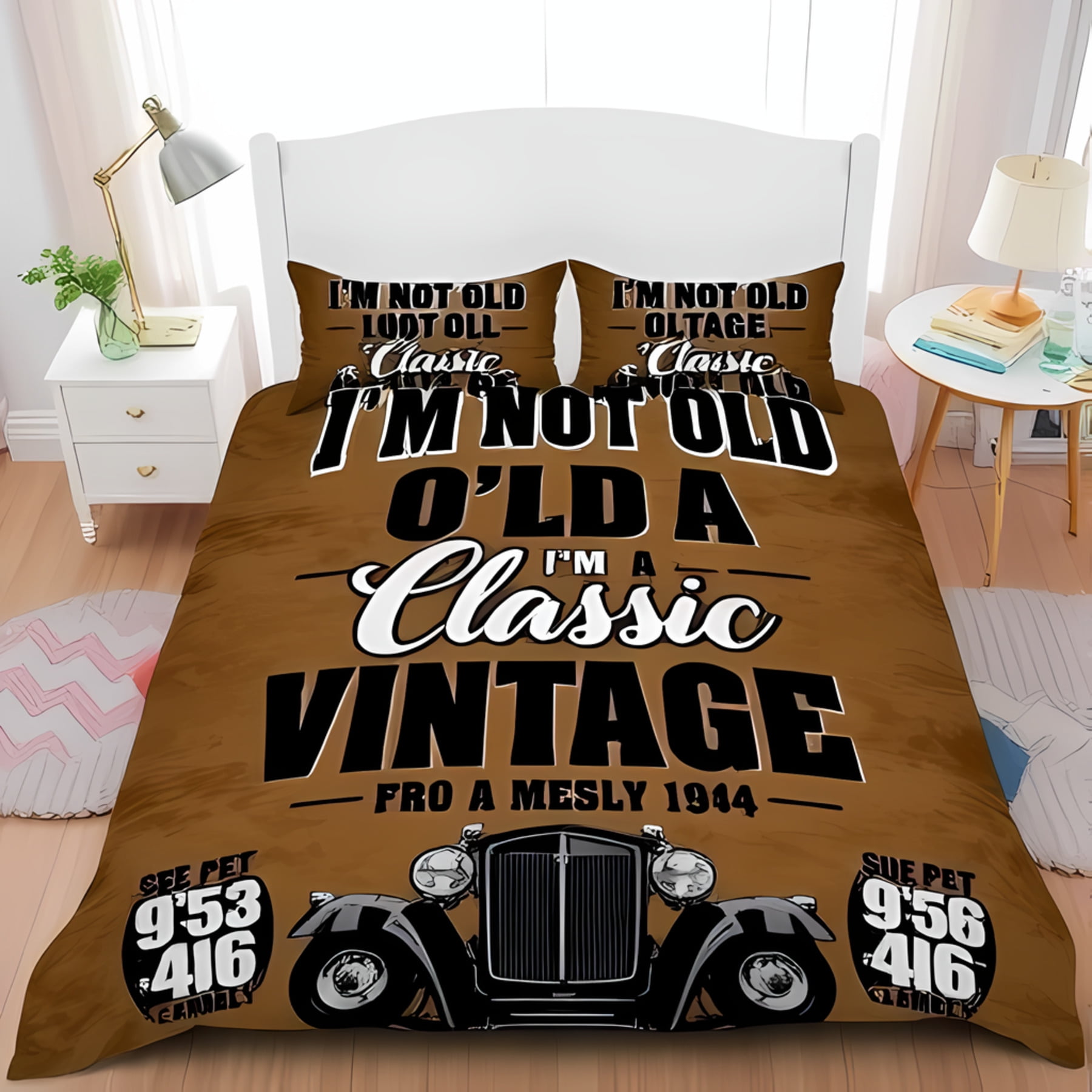 3-Piece Vintage Inspired Duvet Cover Set - "I'm Not Old I'm a Classic" with Classic Car Design ...