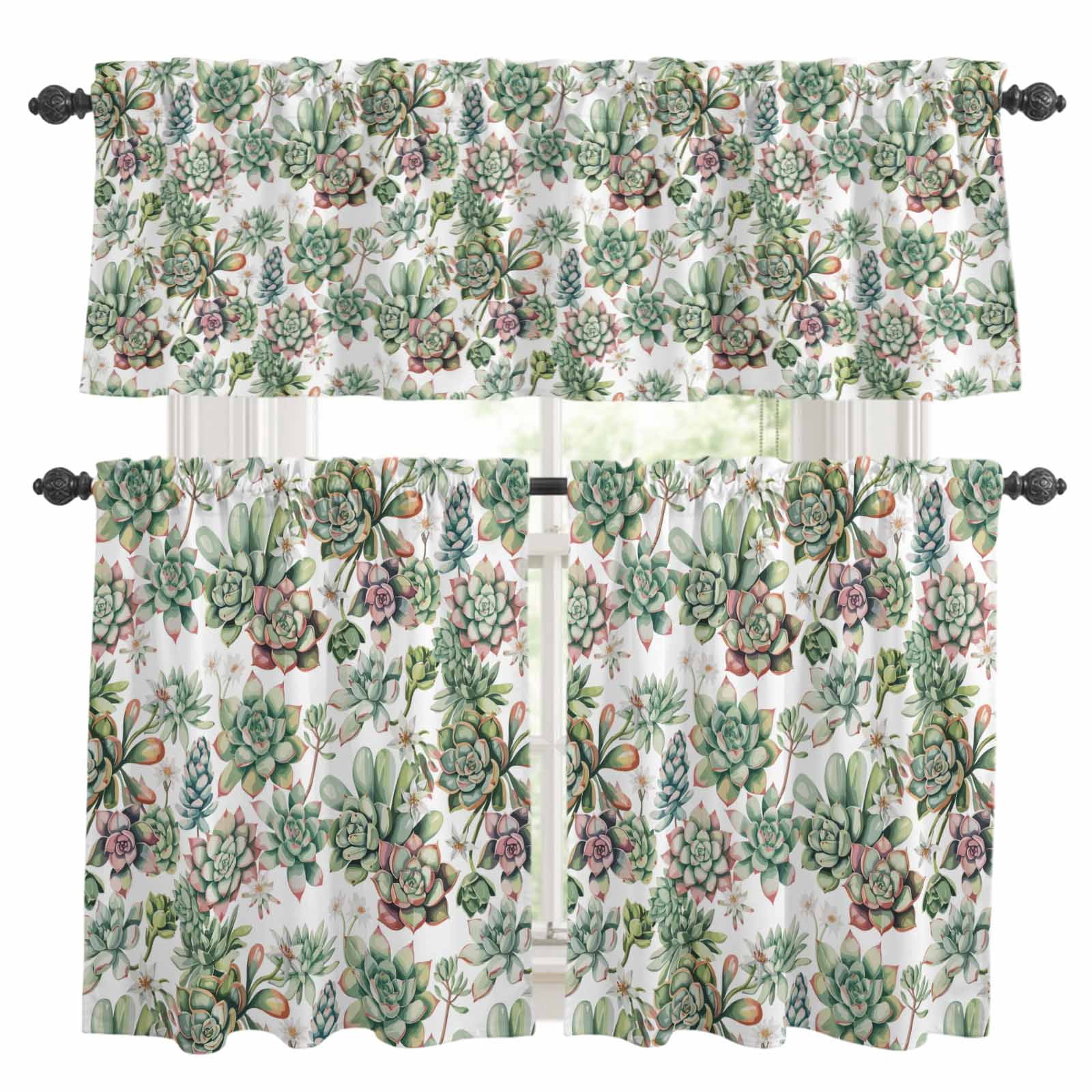 3 Piece Vintage Plants Kitchen Curtain Valance and Tiers Set Multi-meat ...