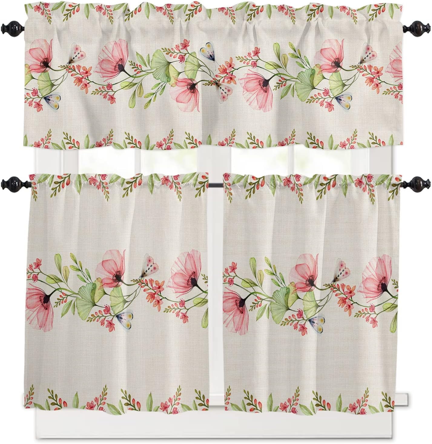 3 Piece Vintage Poppy Flower Butterfly Kitchen Curtains, Tier and ...