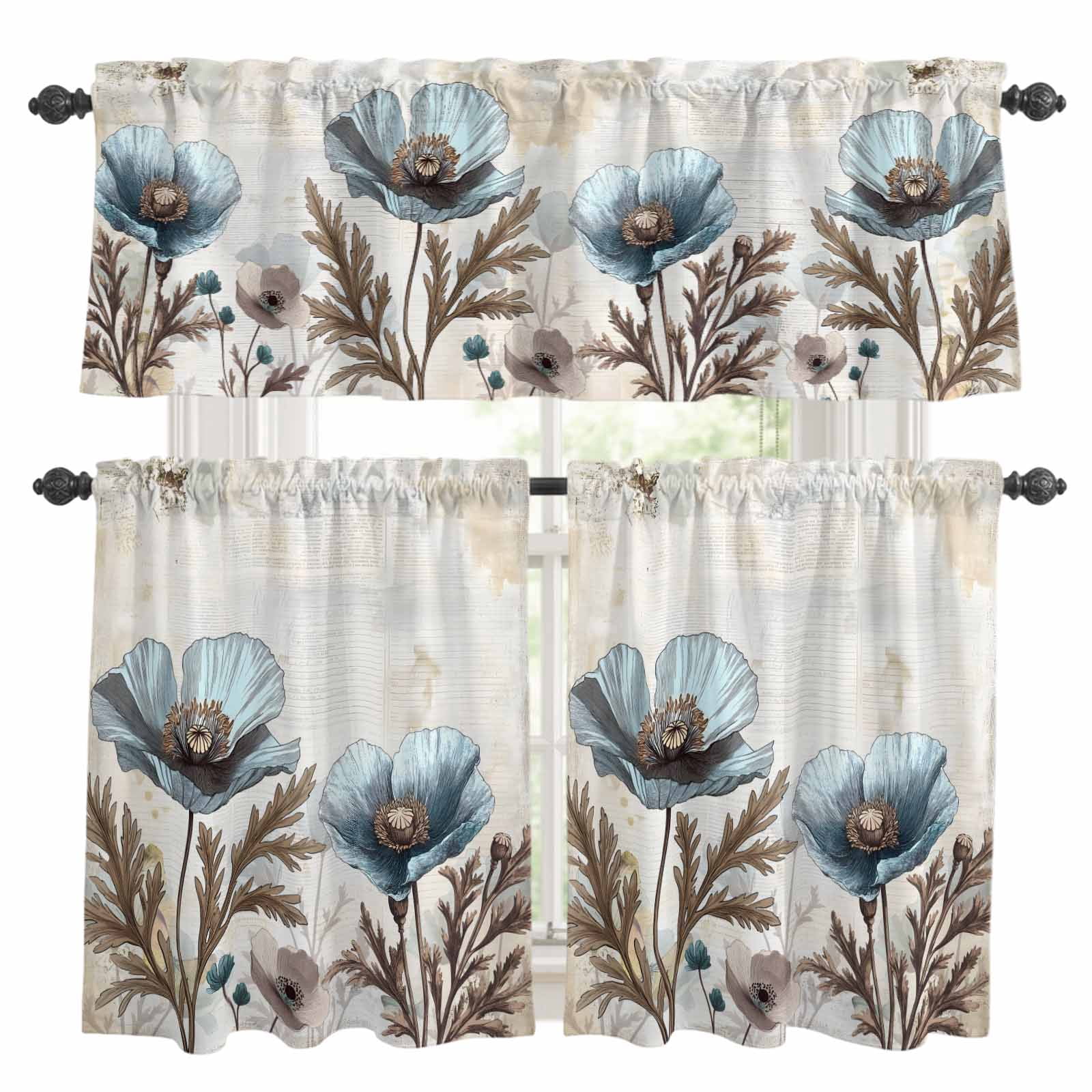 3 Piece Vintage Poppy Kitchen Curtain Valance and Tiers Set Blue ...