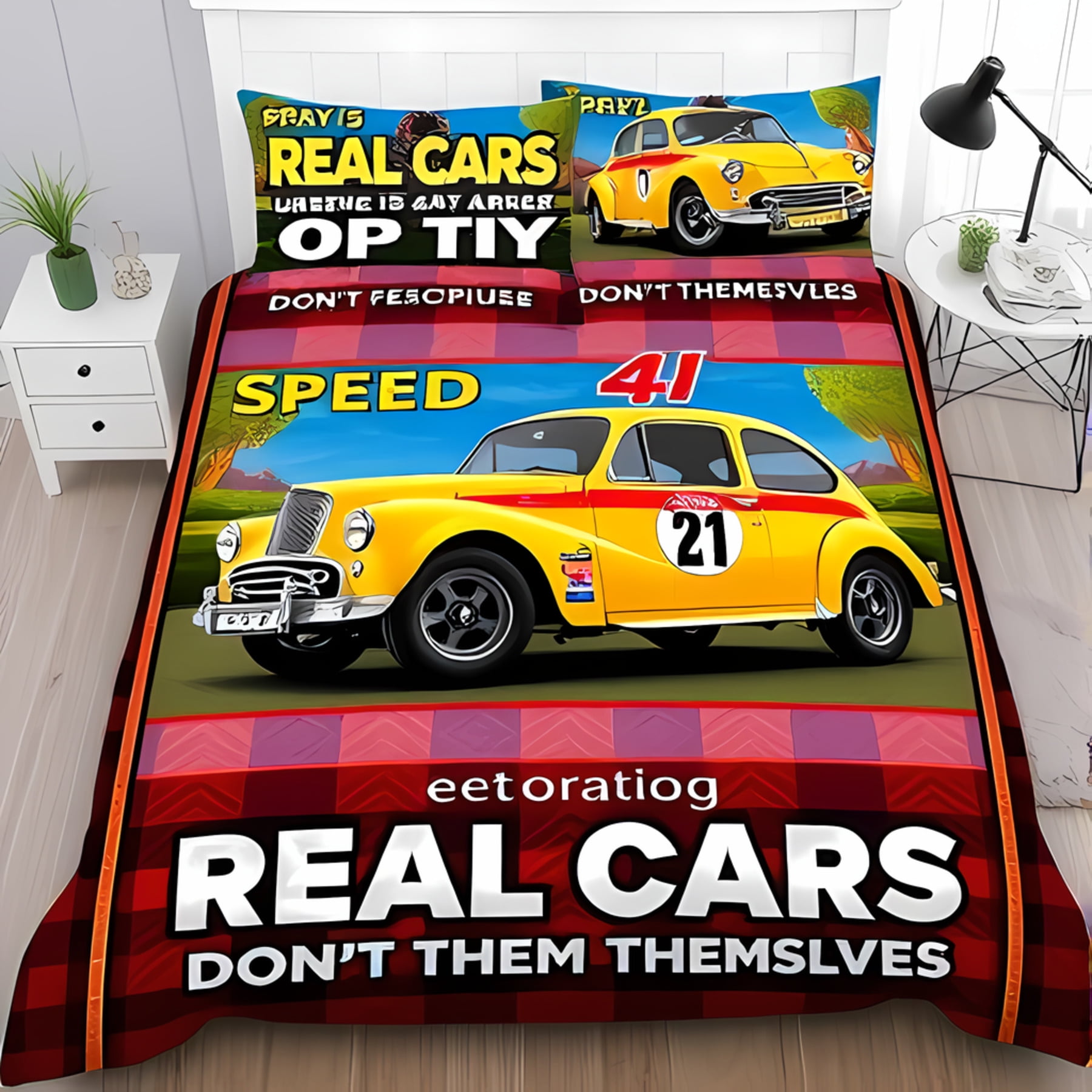 3-Piece Vintage Race Car Duvet Cover Set - Yellow Classic Car Design ...