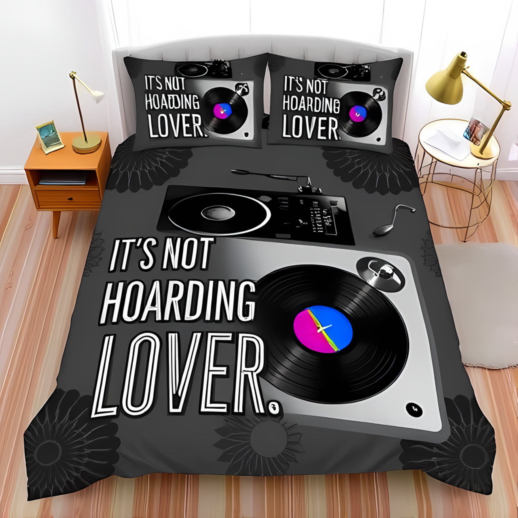 3-Piece Vintage Record Duvet Cover Set - Chic Black Bedding with ...