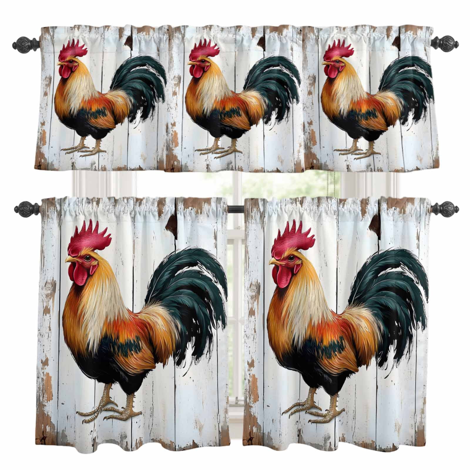 3 Piece Vintage Rooster Kitchen Curtain Valance and Tiers Set Colorful ...