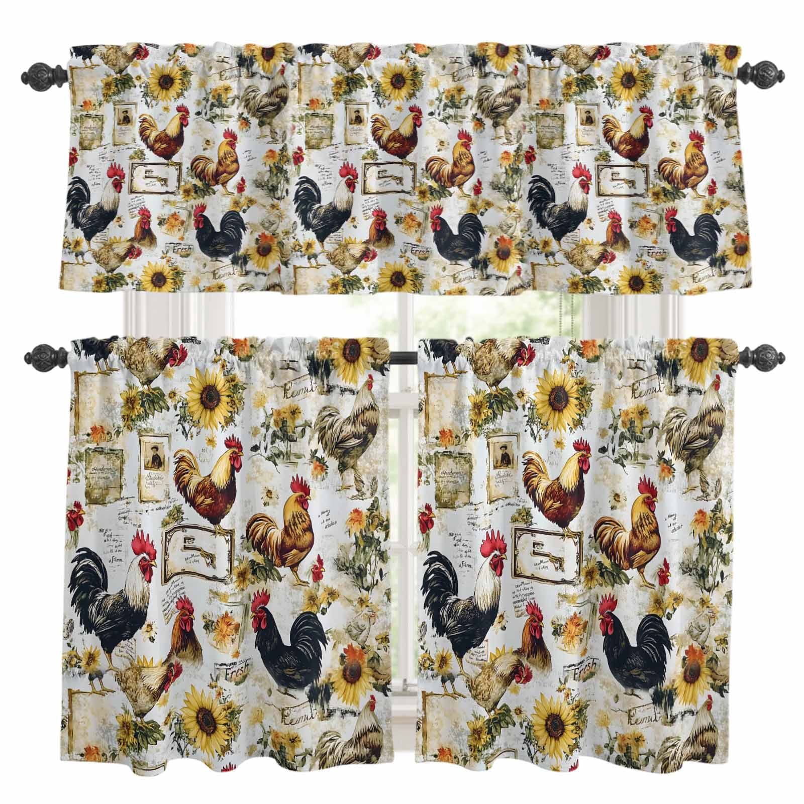 3 Piece Vintage Rooster Kitchen Curtain Valance and Tiers Set Sunflower ...