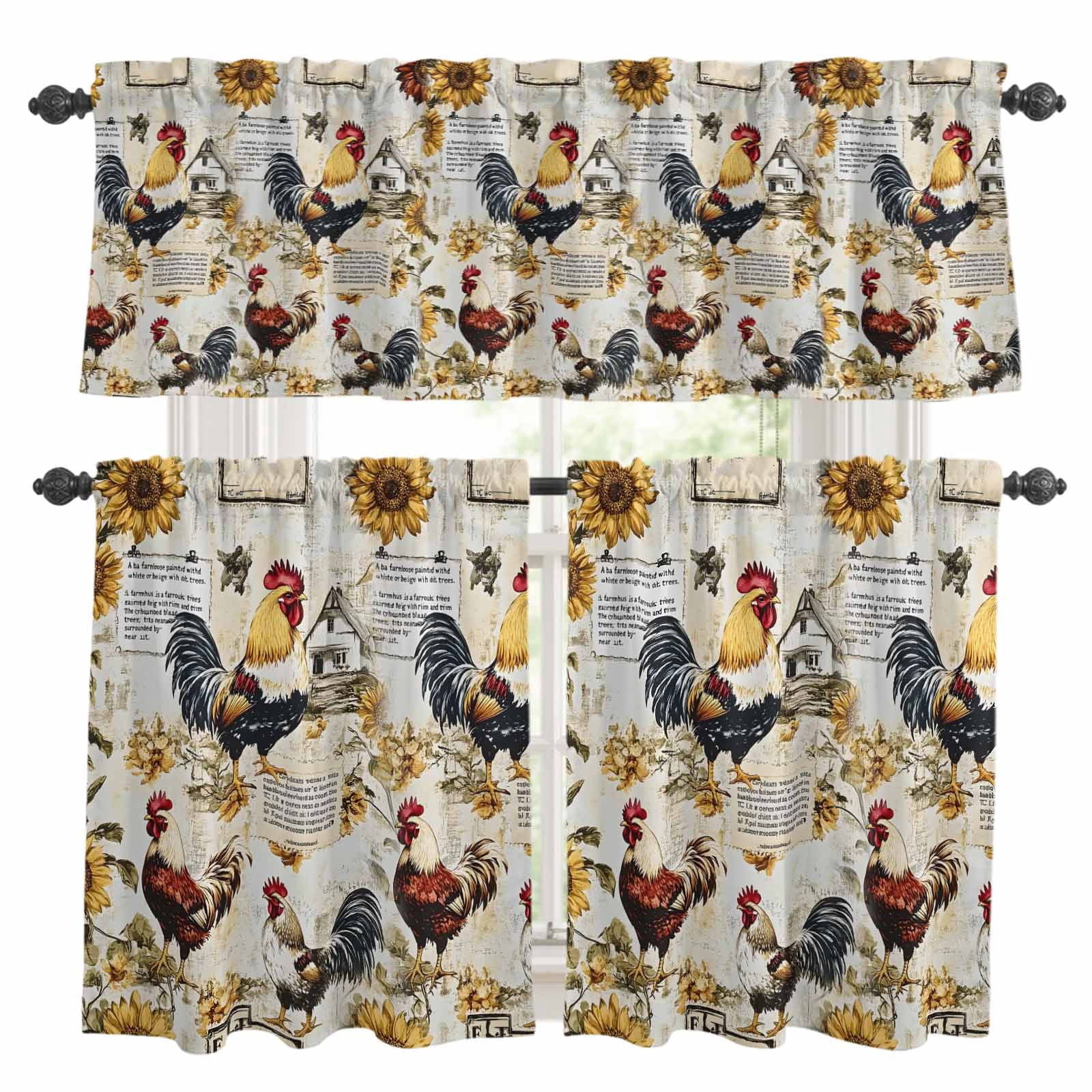 3 Piece Vintage Rooster Kitchen Curtain Valance and Tiers Set Sunflower ...
