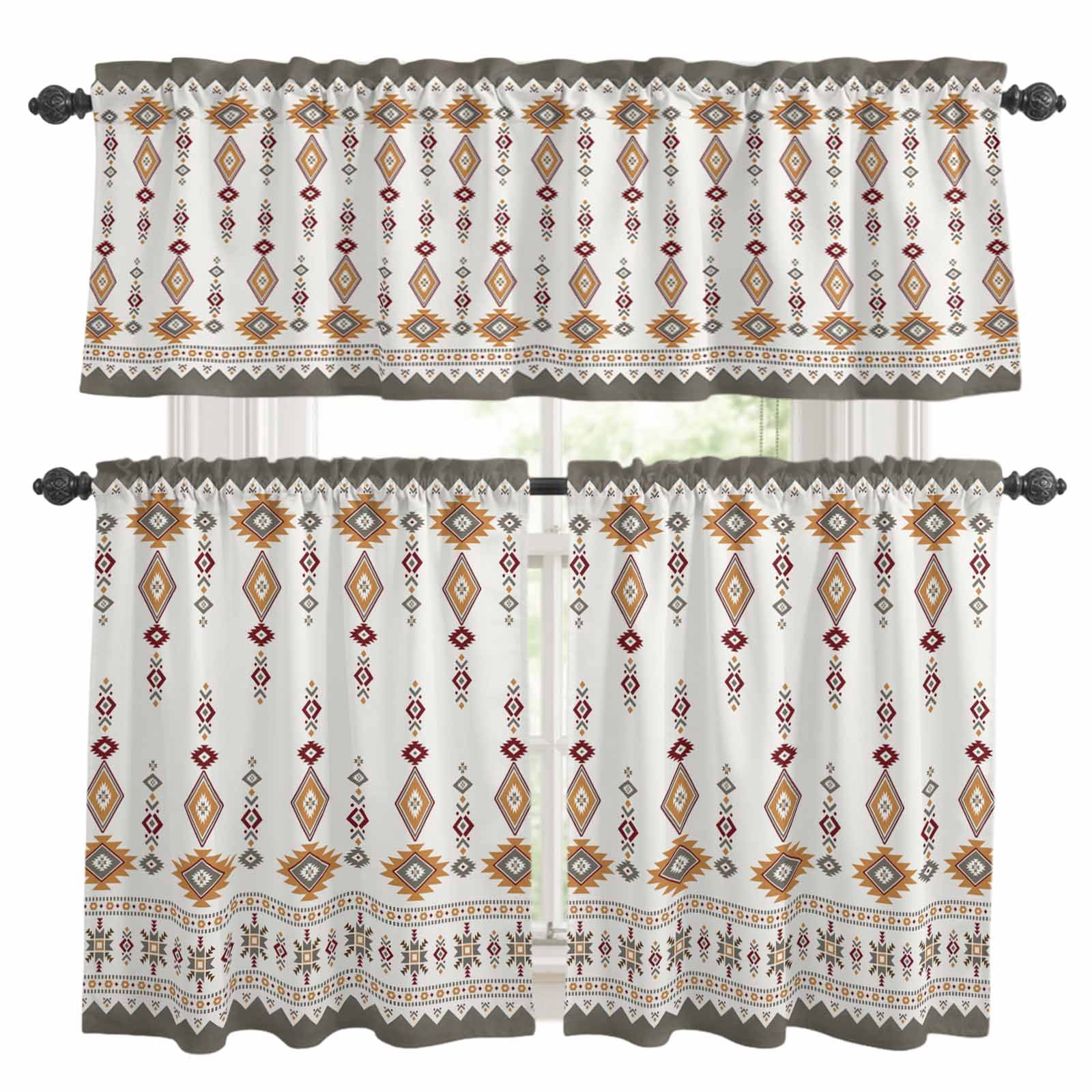 3 Piece Vintage Southwest Kitchen Curtain Valance and Tiers Set Gray ...
