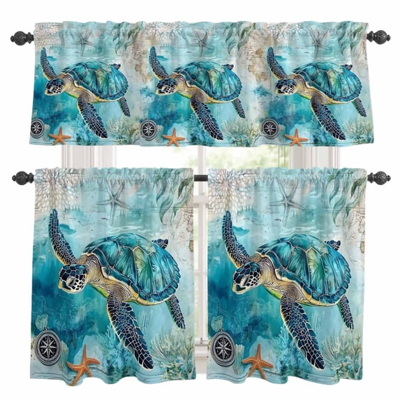 3 Piece Vintage Teal Kitchen Curtain Valance and Tiers Set Sea Turtle ...