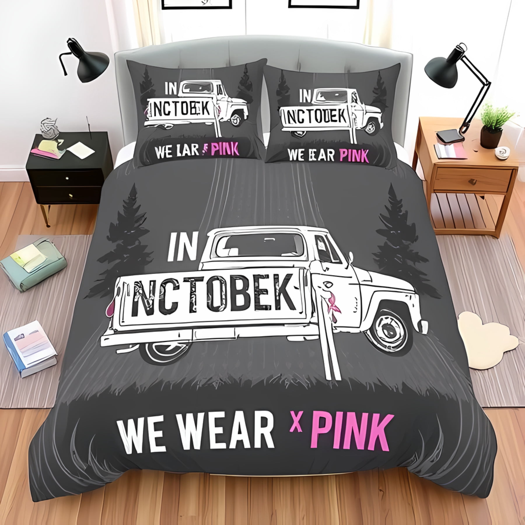 3-Piece Vintage Truck Duvet Cover Set with Pine Tree Silhouettes Dark ...