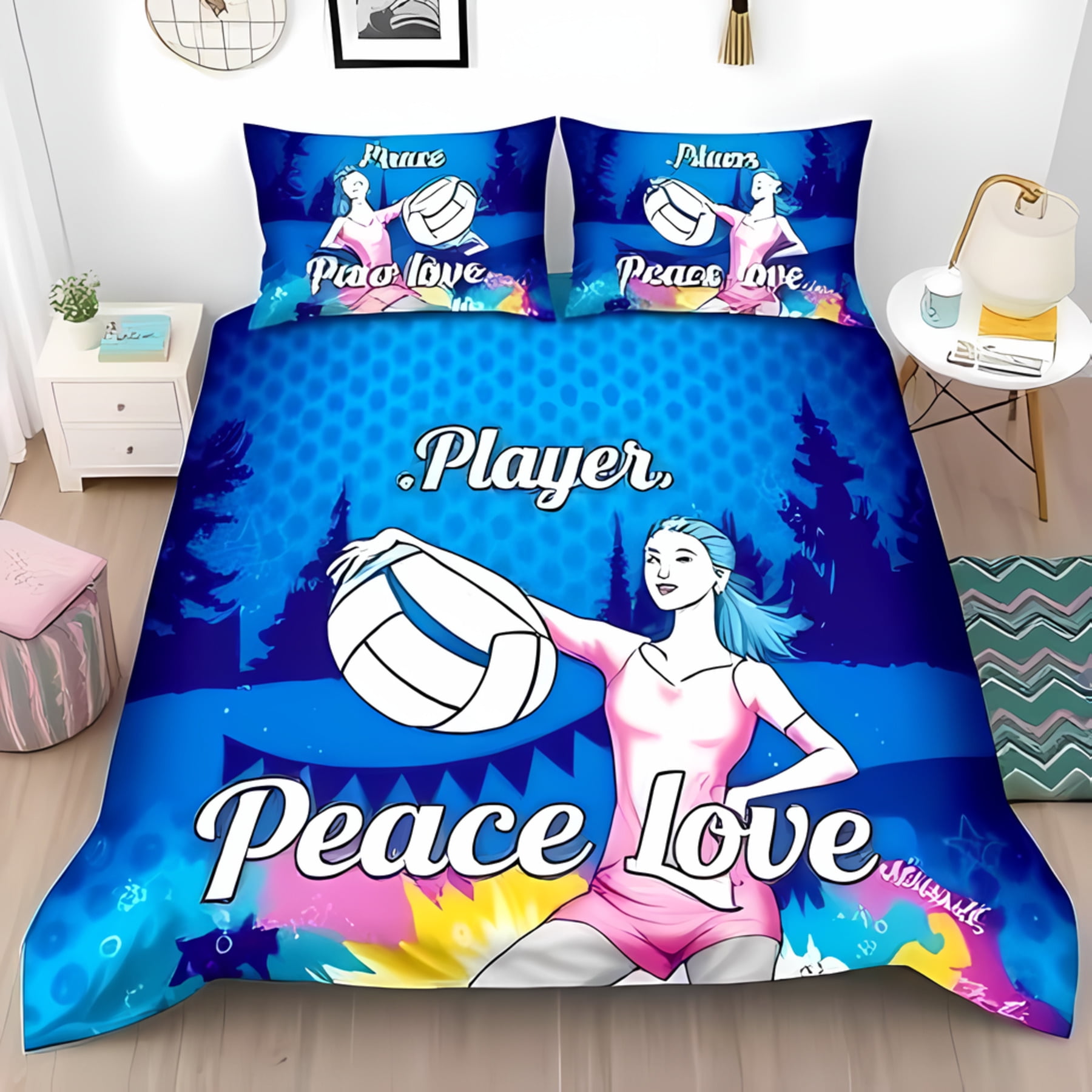 3-Piece Volleyball Duvet Cover Set - Bold Blue Comforter with " Peace ...