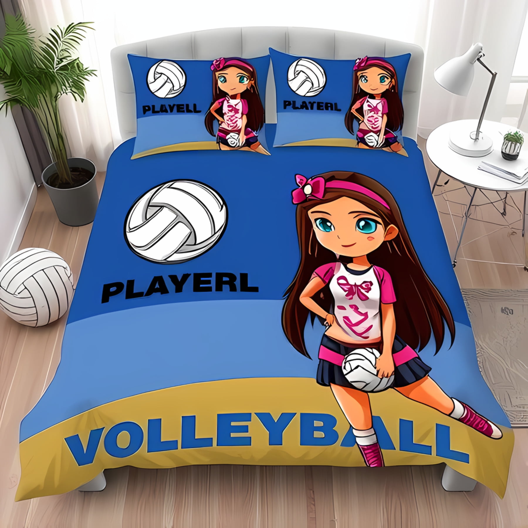 3-Piece Volleyball Themed Duvet Cover Set - Bright Blue & Yellow ...