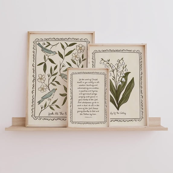 3 Piece Wall Art Set Lily Of The Valley Folk Bird Scripture Prints 3-piece-wall-art-set-lily-of-the-valley-folk-bird-scripture-prints