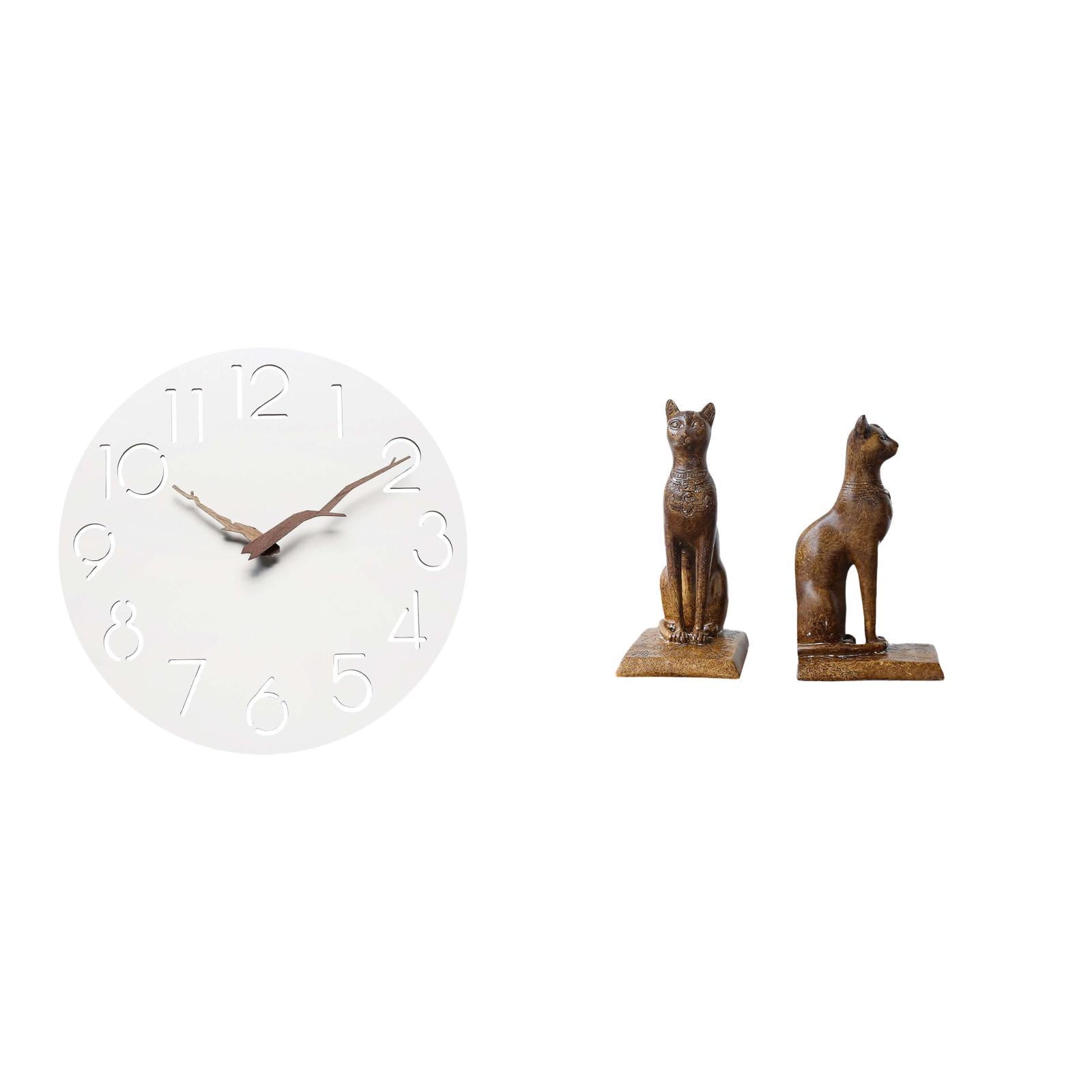 3 Piece Wall Clock Cat Statue Bookend Set Premium Resin Silent Movement ...