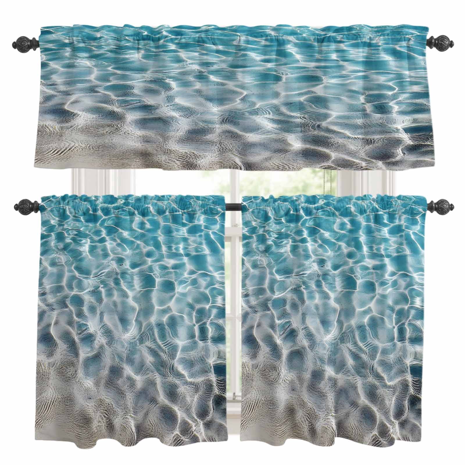 3 Piece Water Ripple Kitchen Curtain Valance and Tiers Set Ocean Art ...