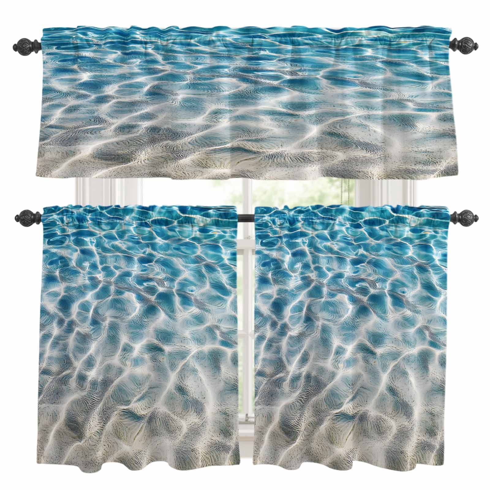 3 Piece Water Ripple Kitchen Curtain Valance and Tiers Set Summer Ocean ...