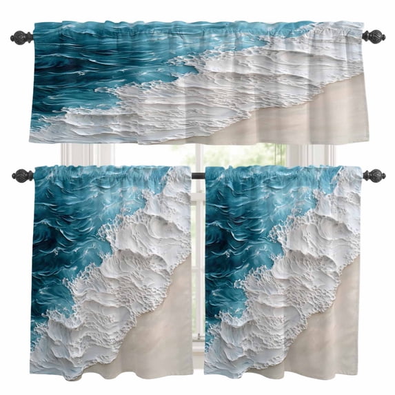 3 Piece Watercolor Beach Waves Kitchen Curtain Valance and Tiers Set ...