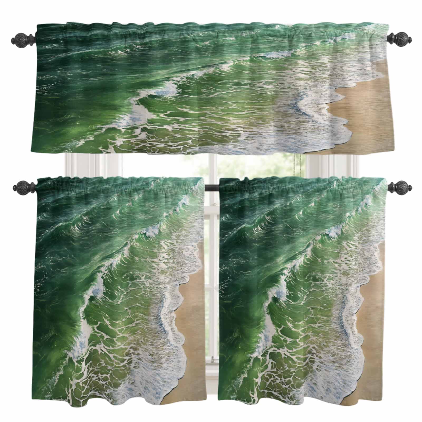 3 Piece Watercolor Beach Waves Kitchen Curtain Valance and Tiers Set ...