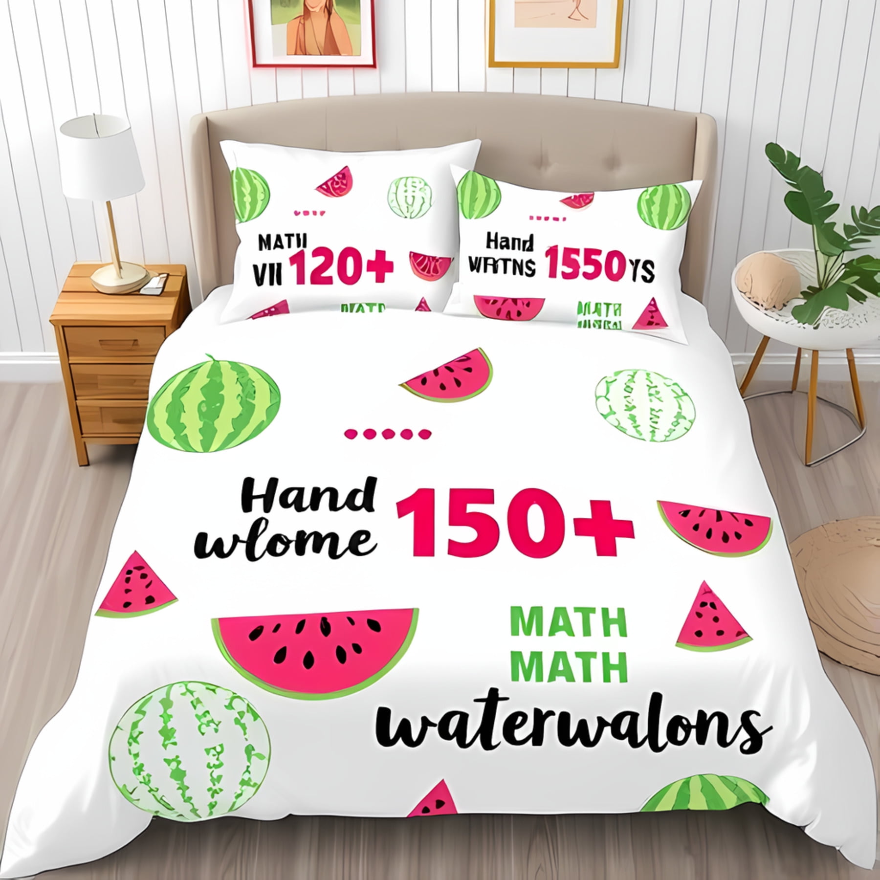 3-Piece Watermelon & Math Duvet Cover Set - Playful Design with Bright ...