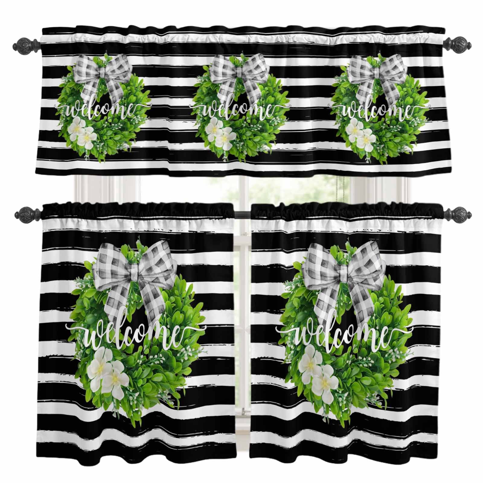 3 Piece Welcome Kitchen Curtain Valance and Tiers Set Spring Country ...
