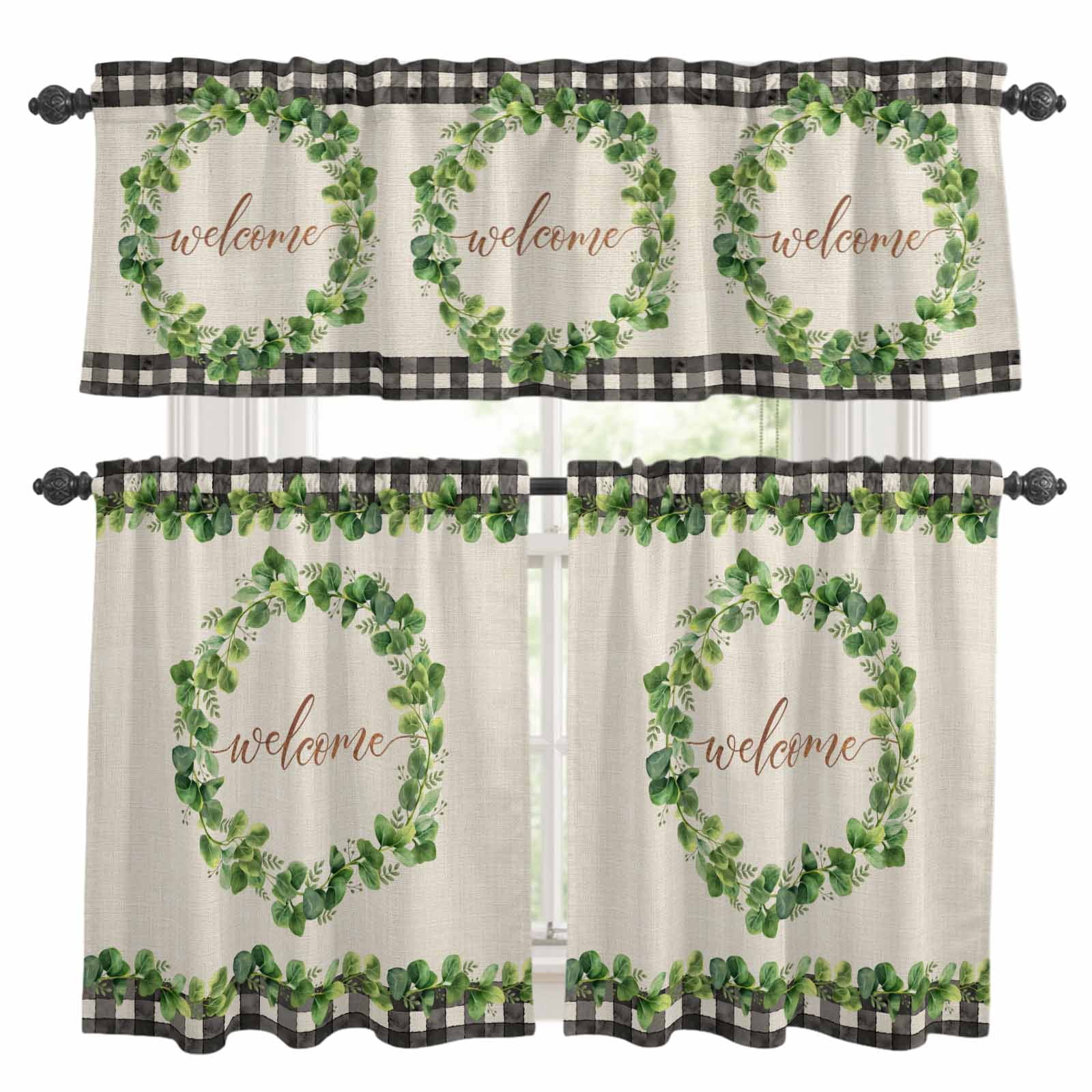 3 Piece Welcome Kitchen Curtain Valance and Tiers Set Spring Eucalyptus ...