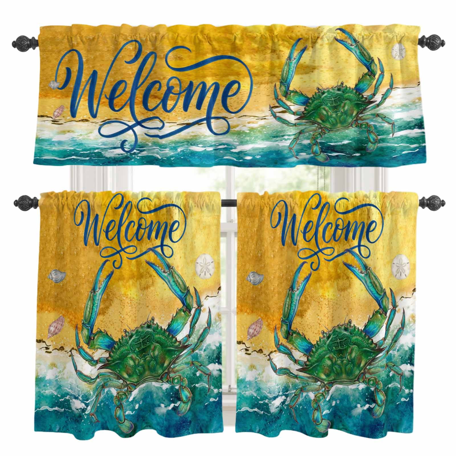 3 Piece Welcome Kitchen Curtain Valance and Tiers Set Summer Beach ...