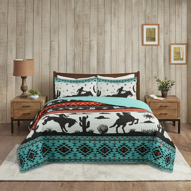 3 Piece Western Quilt Set Cowboy Bedding Set Wild West Desert Bedspread ...