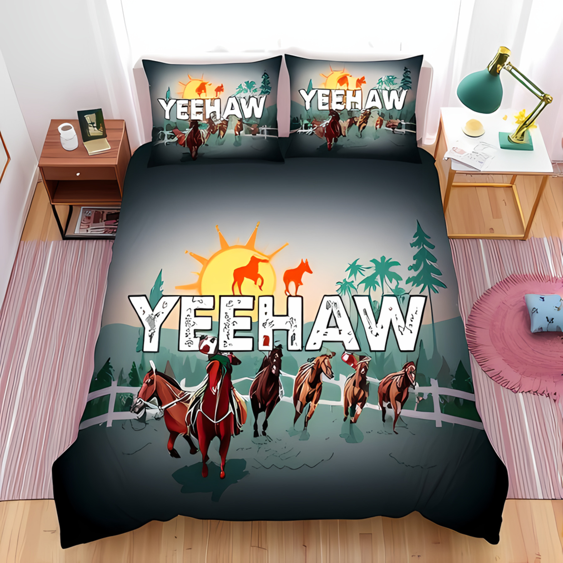 3-Piece Western Themed Duvet Cover Set - YEEHAW Design with Galloping ...