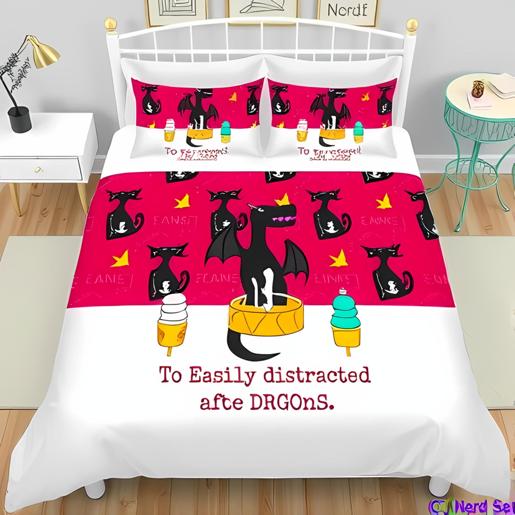 3-Piece Whimsical Bedding Set - Red Duvet Cover with Cartoon & Playful ...