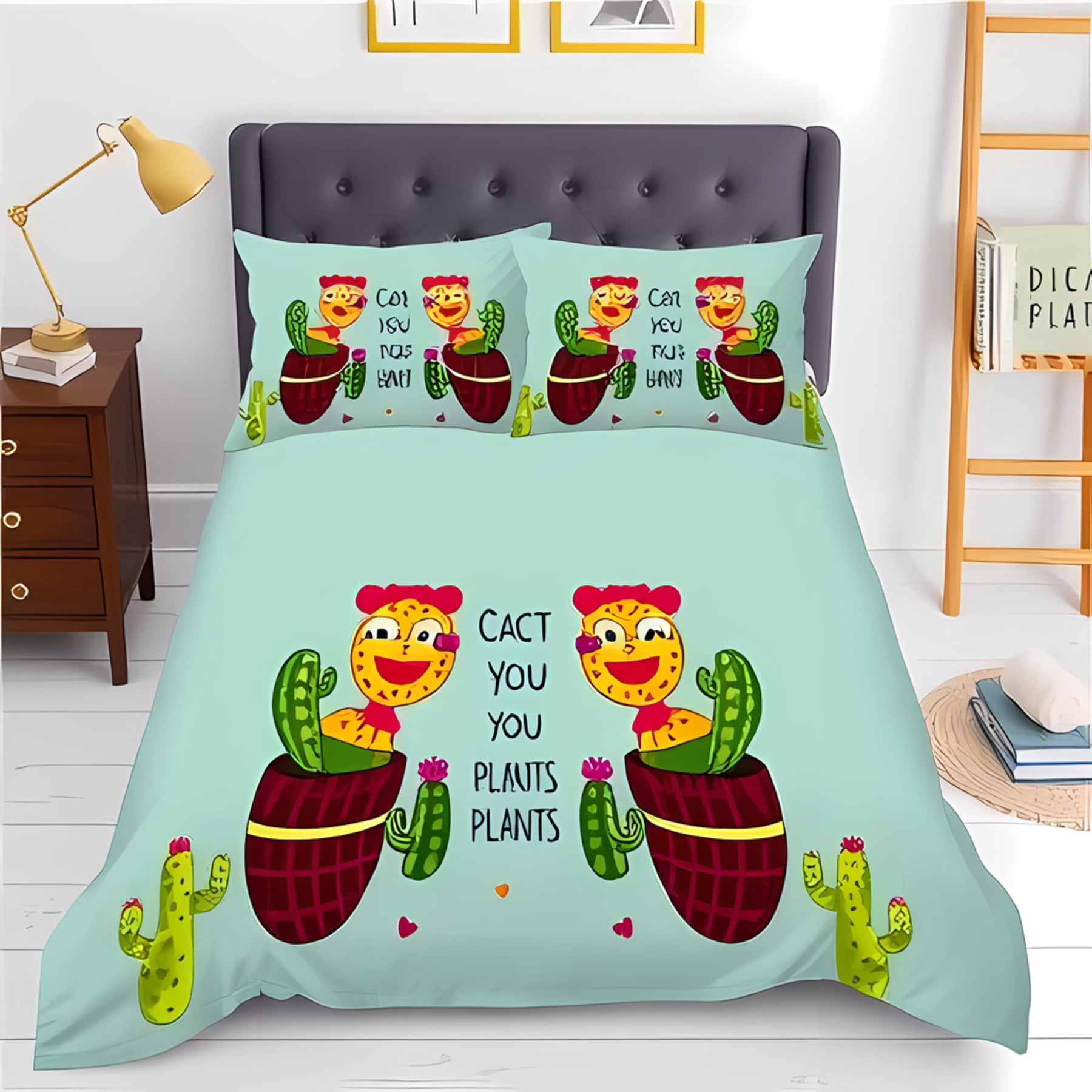 3-Piece Whimsical Cactus Duvet Cover Set - Colorful Cartoon Cacti with ...