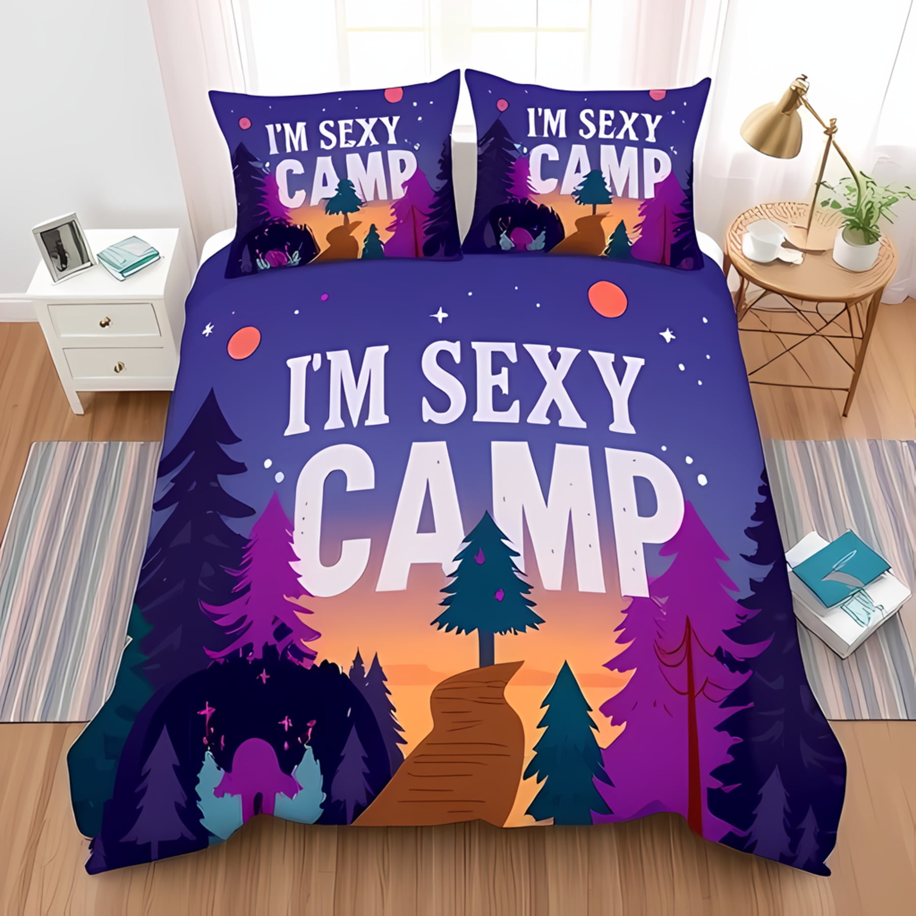 3-Piece Whimsical Camping Duvet Cover Set - " I'M SEXY CAMP " with Pine Trees & Sunset Design ...