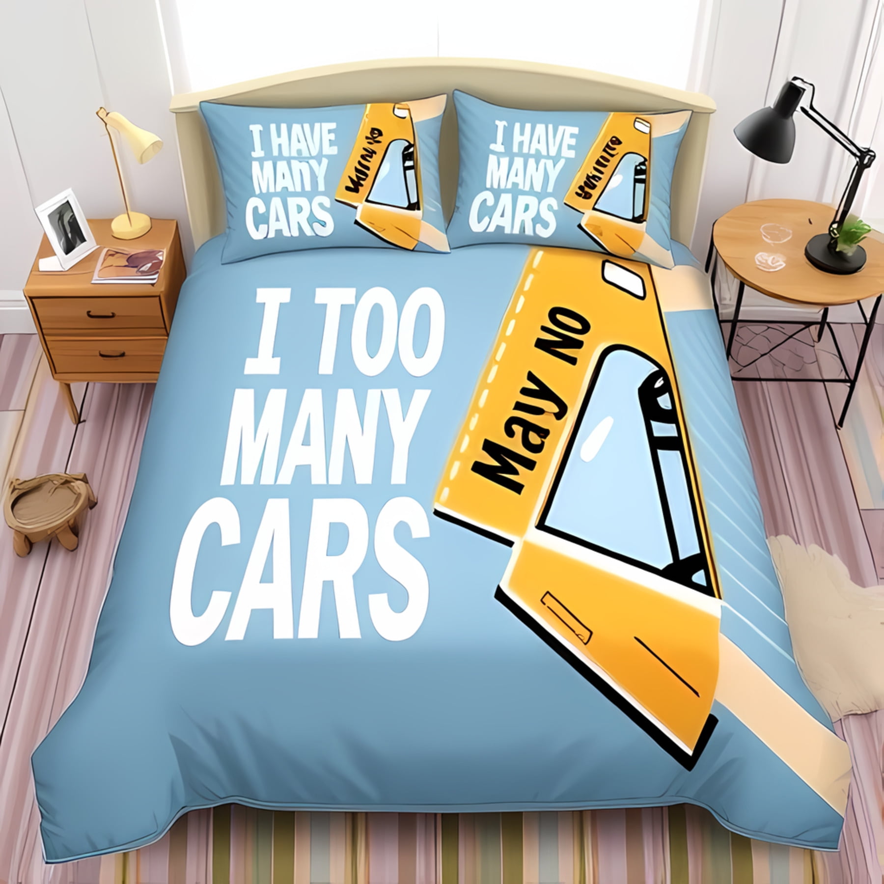 3-Piece Whimsical Car Themed Duvet Cover Set - " I TOO MANY CARS ...