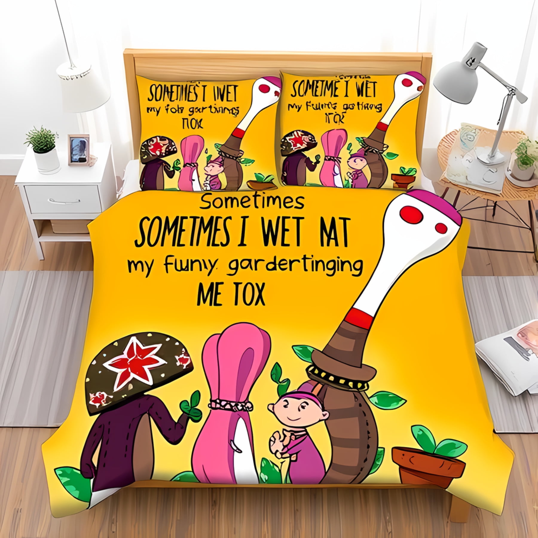 3-Piece Whimsical Cartoon Character Duvet Cover Set with Playful Plants ...
