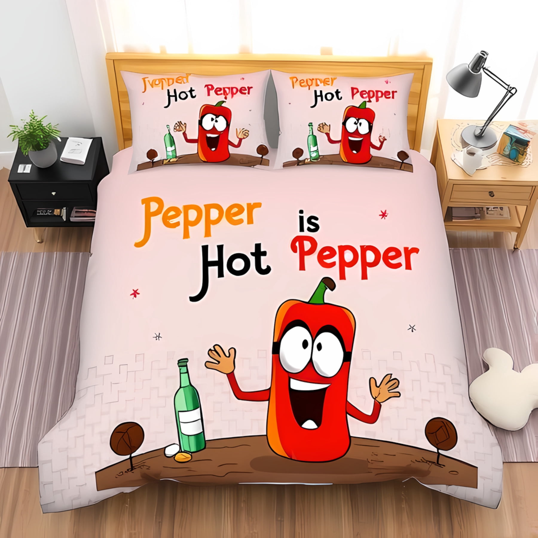 3-Piece Whimsical Cartoon Pepper Duvet Cover Set - Cheerful Design with ...