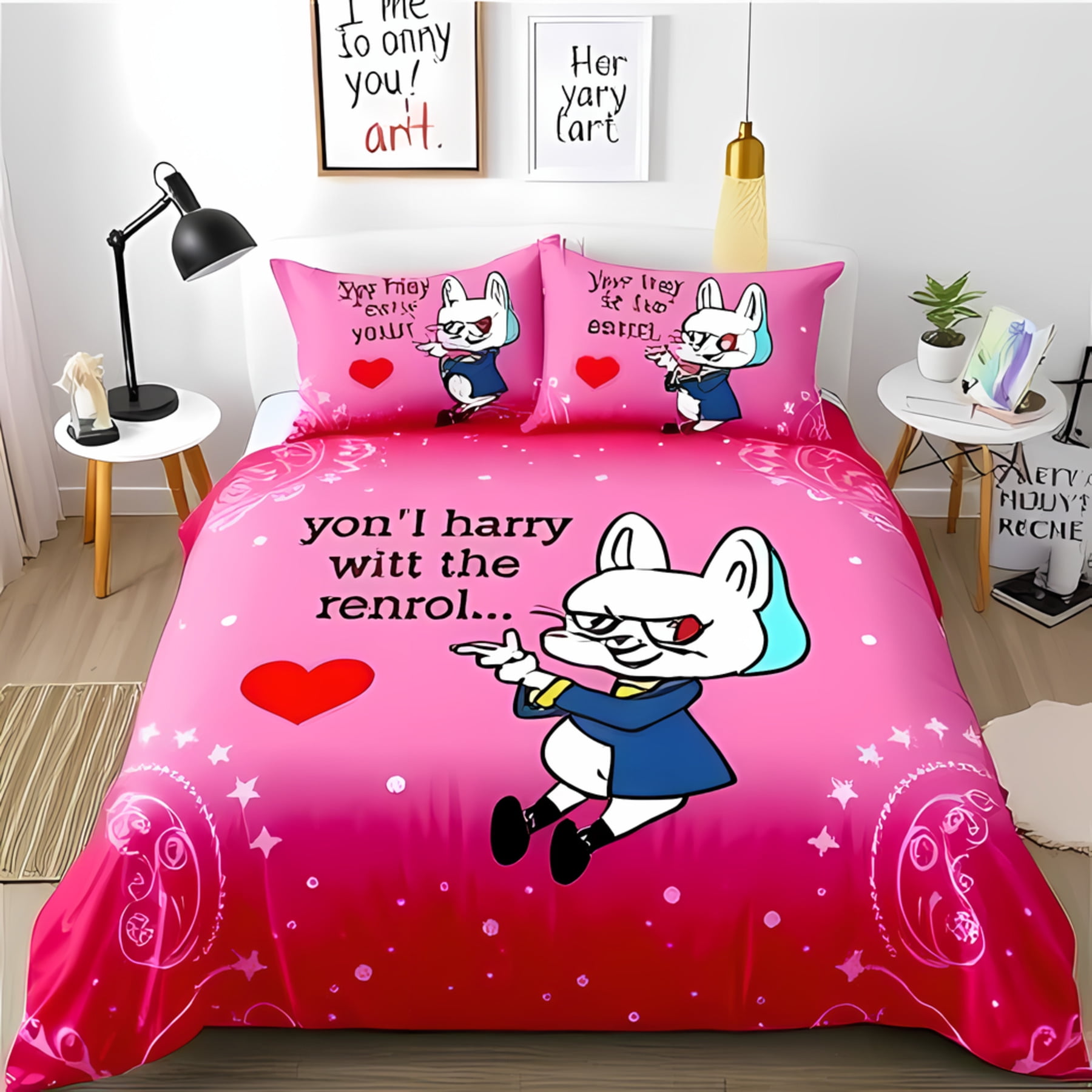 3-Piece Whimsical Cat Duvet Cover Set - Pink Bedding with Cartoon White ...