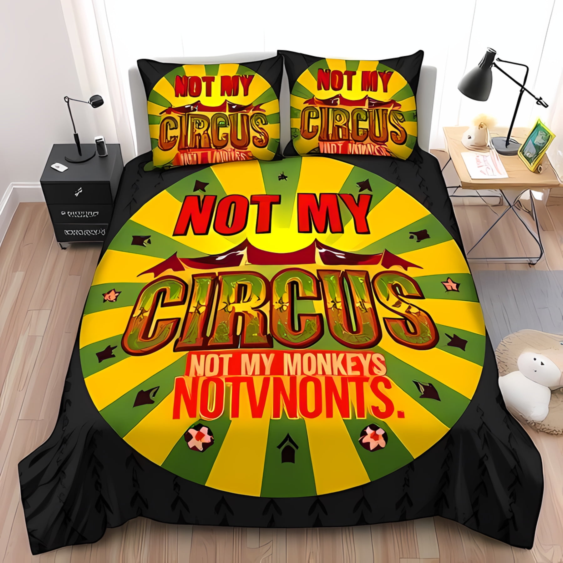 3-Piece Whimsical Circus Duvet Cover Set - " Not My Circus Not My Monkeys " Bold Design in ...