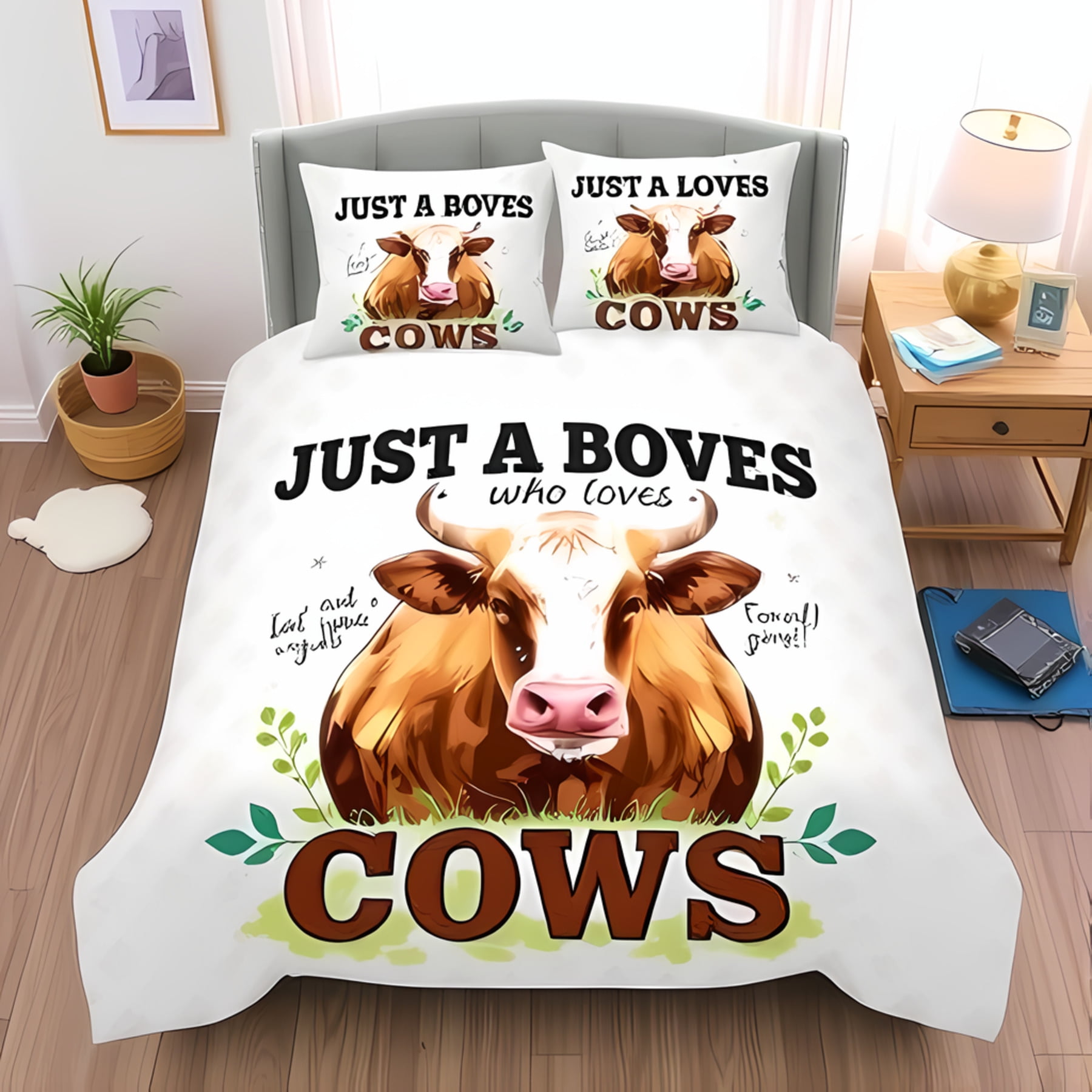 3-Piece Whimsical Cow Duvet Cover Set - Cartoon Brown Cow Design with ...