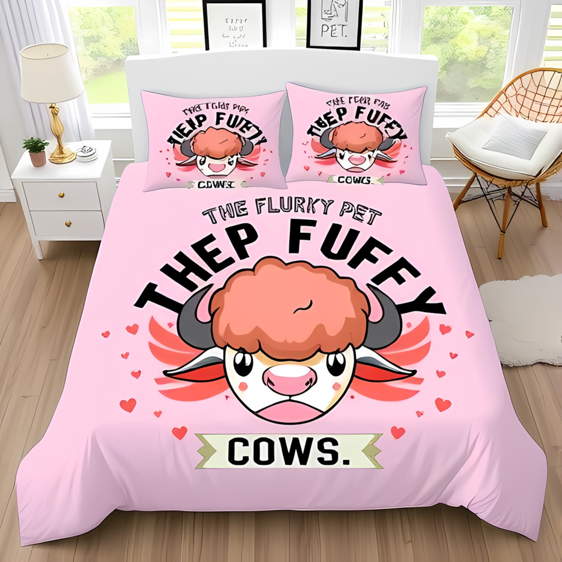 3-Piece Whimsical Cow Duvet Cover Set - Pink Cartoon Cows with Hearts ...