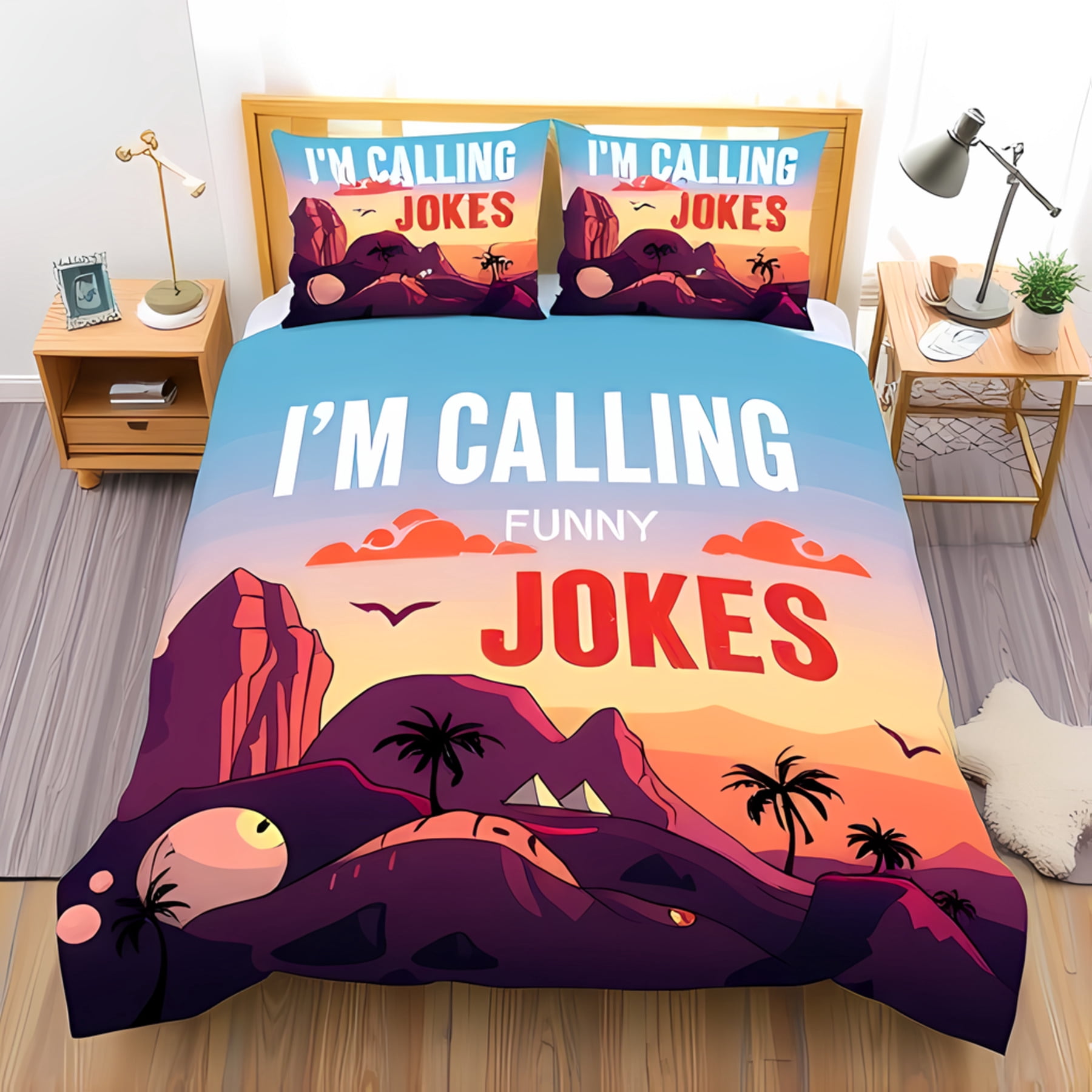 3-Piece Whimsical Desert Sunset Duvet Cover Set with Playful Trees ...