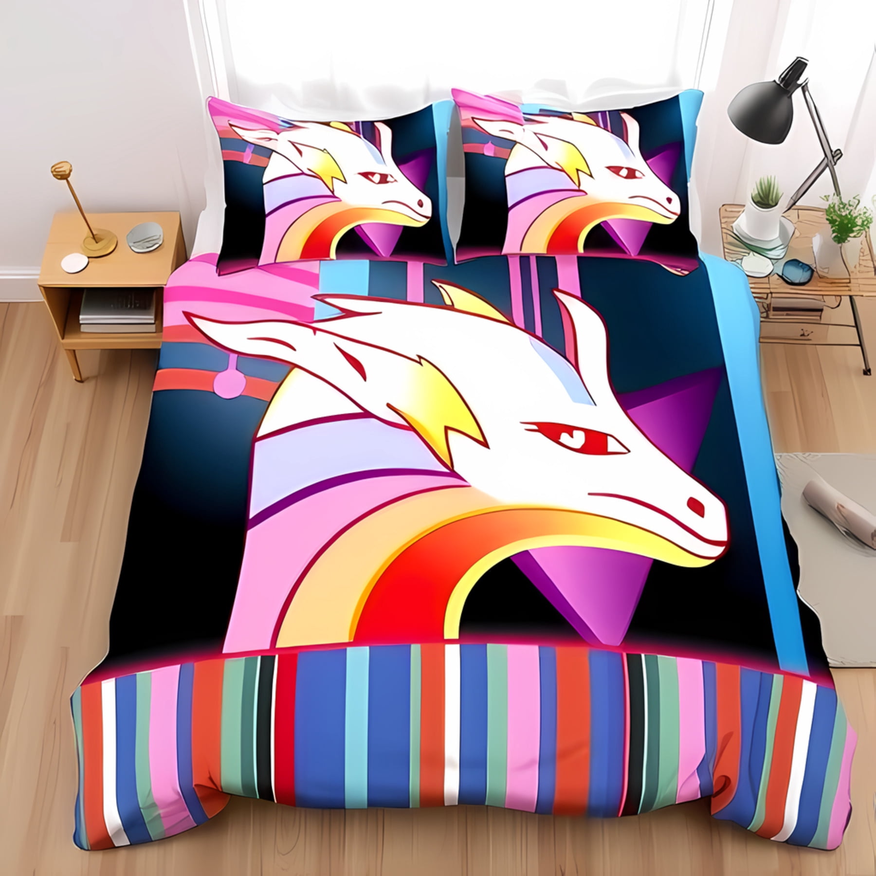 3-Piece Whimsical Dragon Duvet Cover Set - Vibrant Geometric Design ...