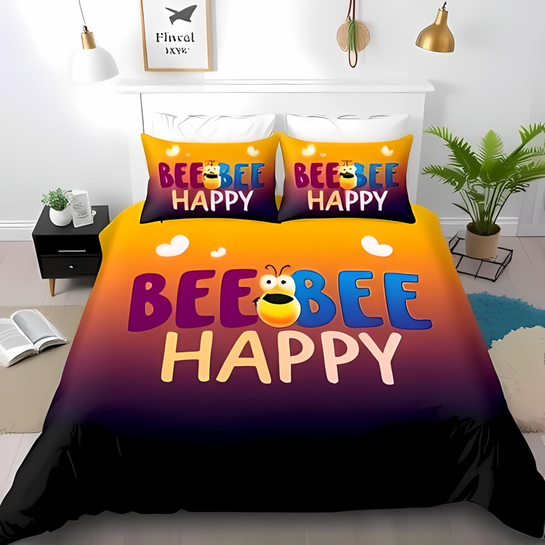 3-Piece Whimsical Duvet Cover Set - "BEE BEE HAPPY" Design with Cartoon ...