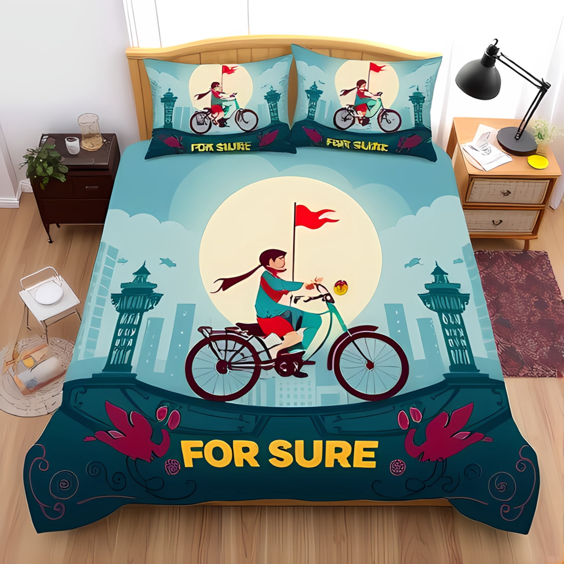 3-Piece Whimsical Duvet Cover Set - Joyful Bicycle Adventure Design for ...