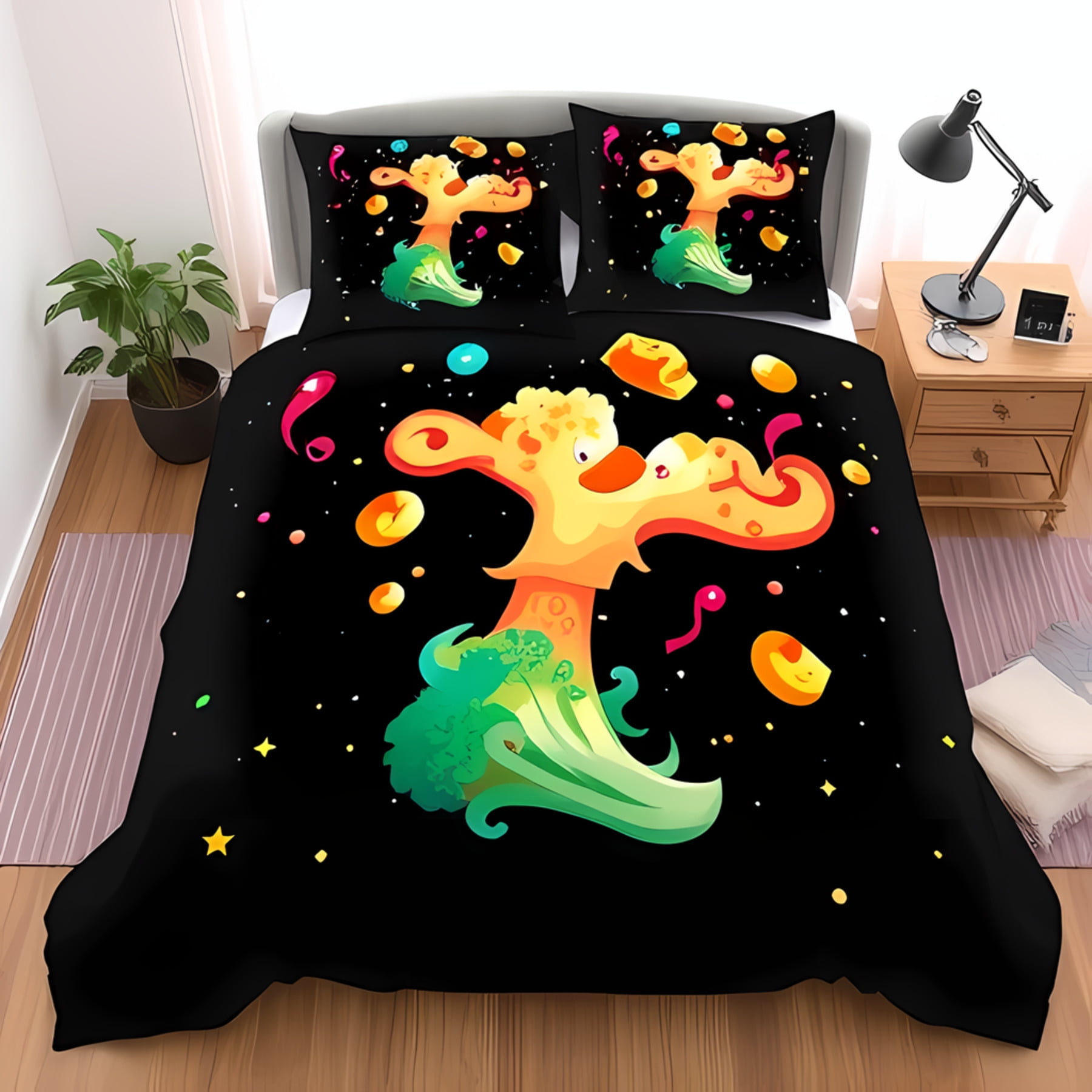 3-Piece Whimsical Duvet Cover Set with Cartoon Broccoli-Octopus Design ...