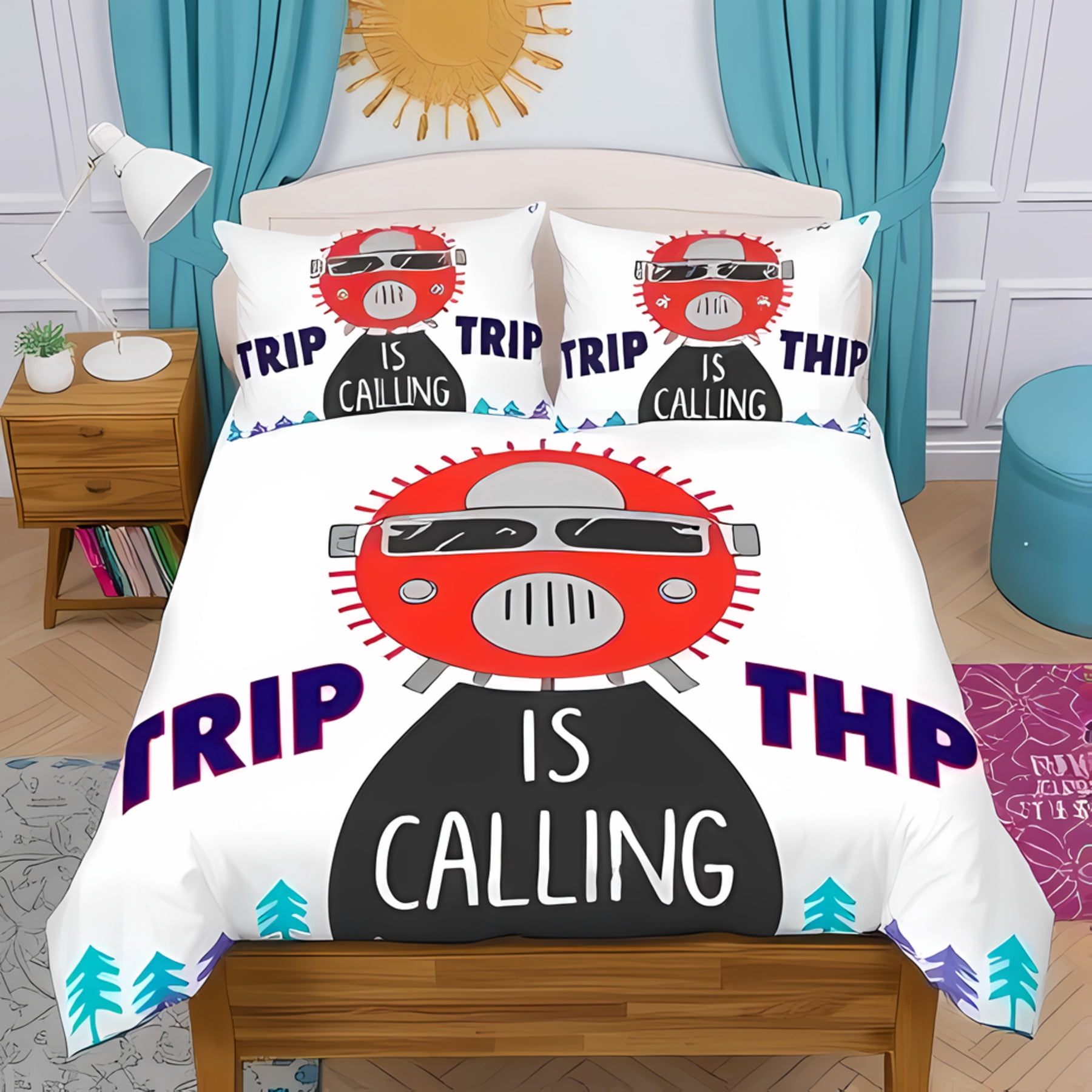 3-Piece Whimsical Duvet Cover Set with Funky Cartoon Car Design - "TRIP ...