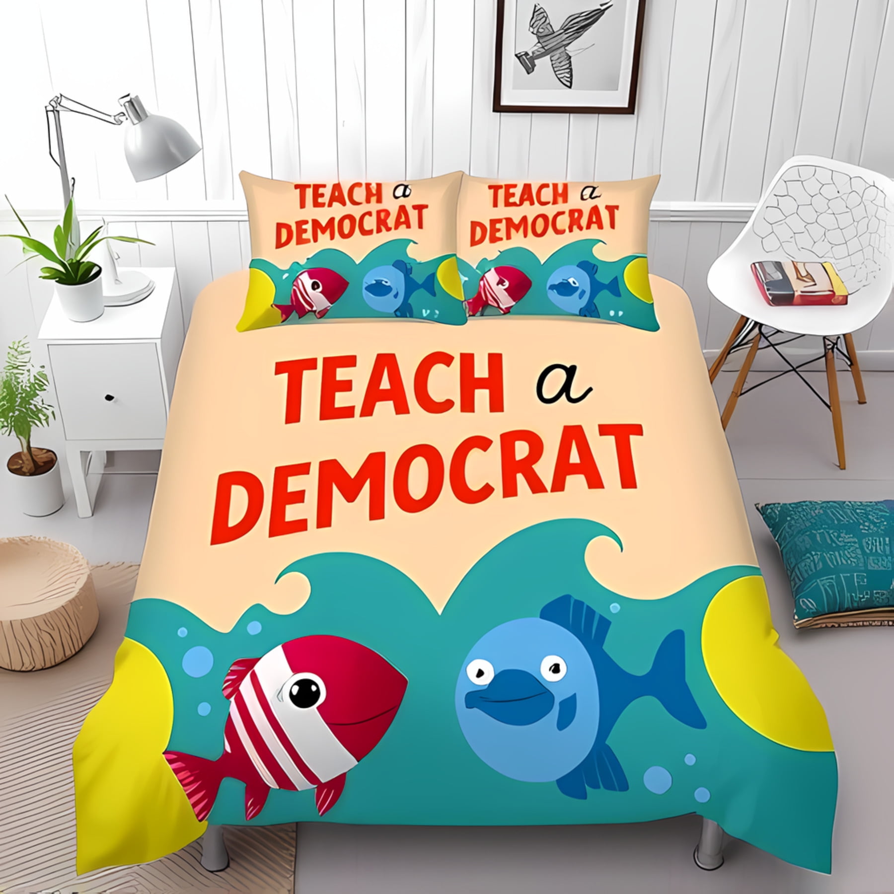 3-Piece Whimsical Fish Duvet Cover Set - Beachy Cartoon Fish & Waves ...